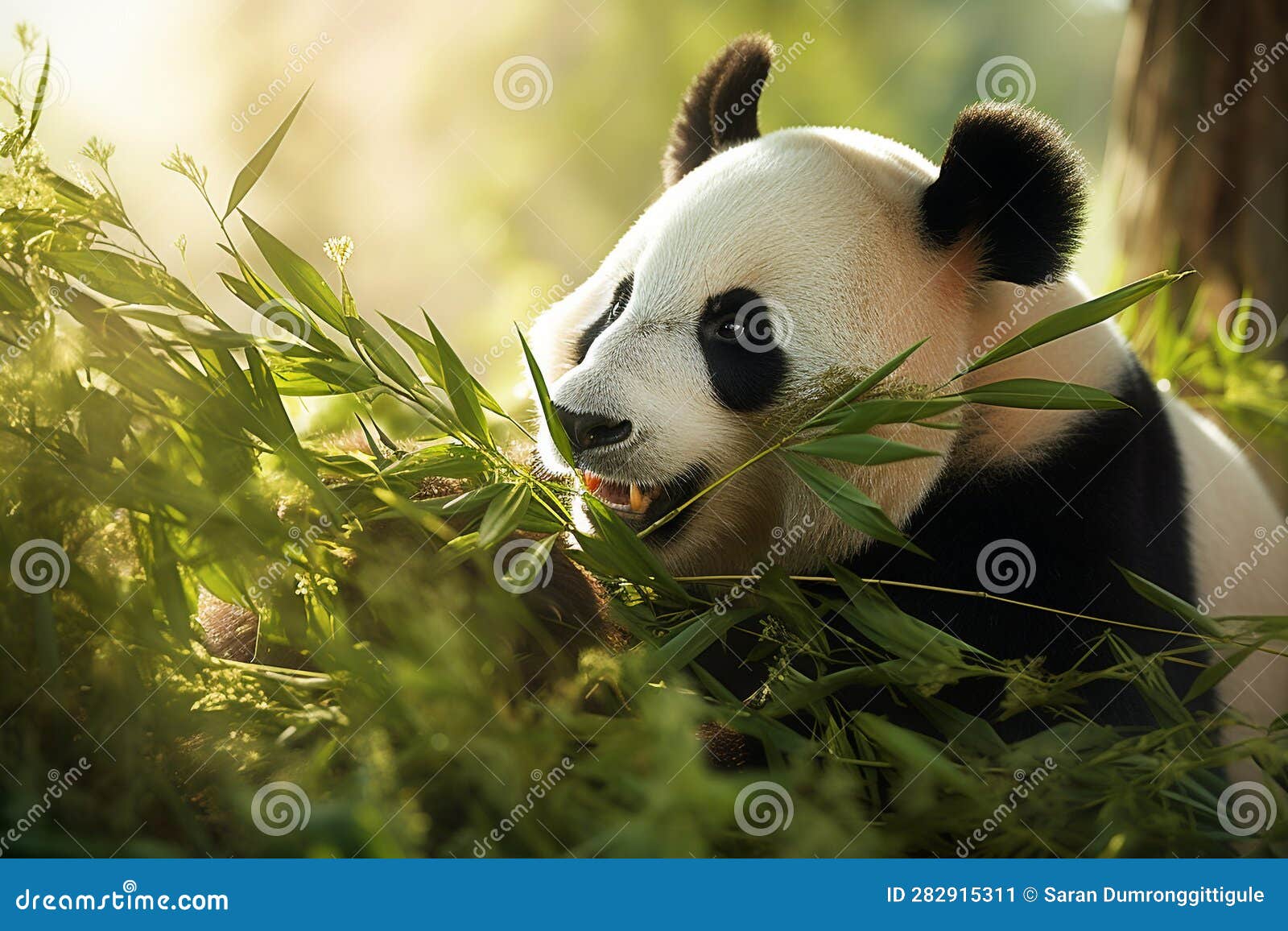 A Tranquil Panda Munching on Bamboo in a Warm, Sunlight-filled Forest ...
