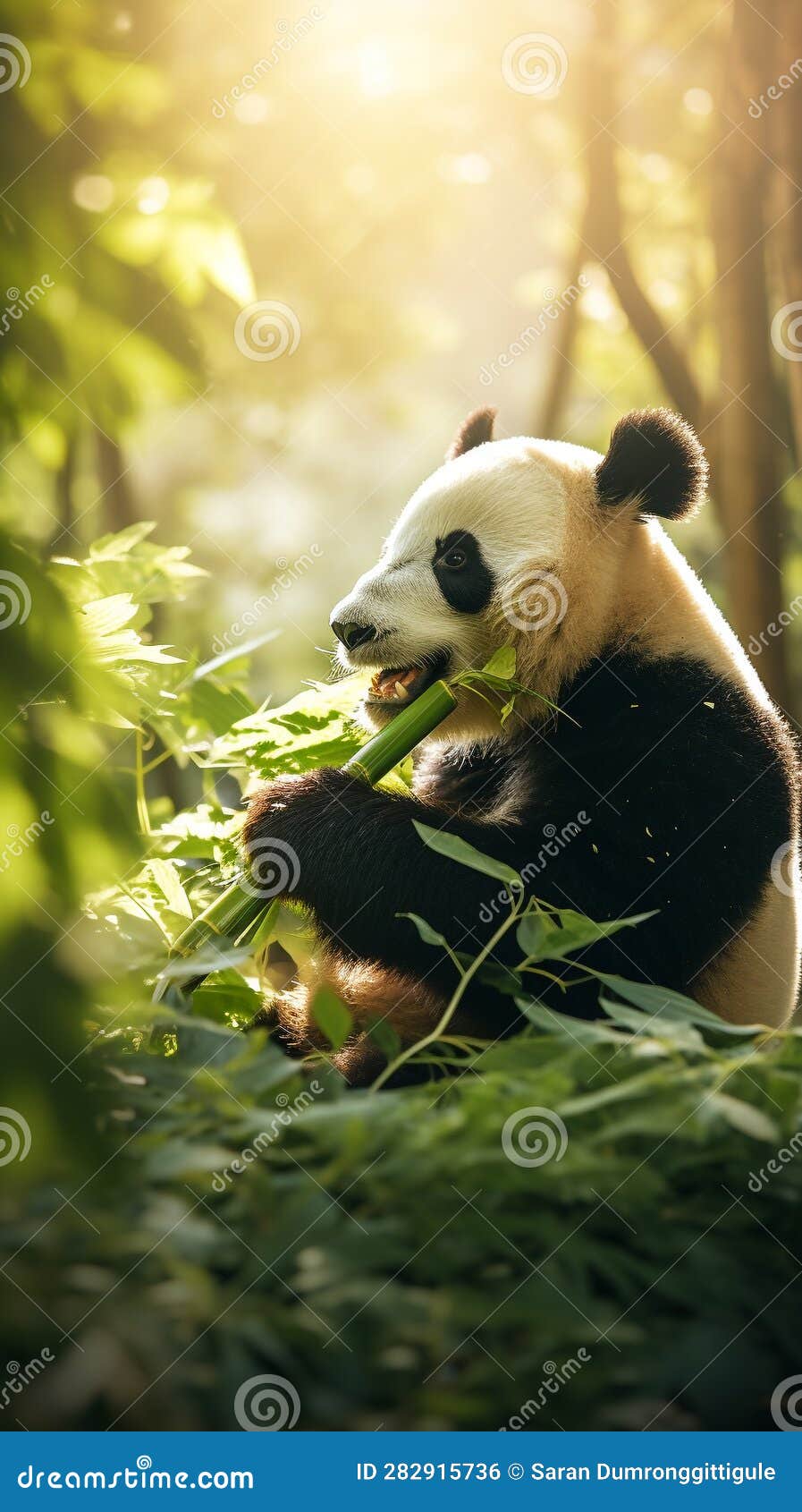 A Tranquil Panda Munching on Bamboo in a Warm, Sunlight-filled Forest ...