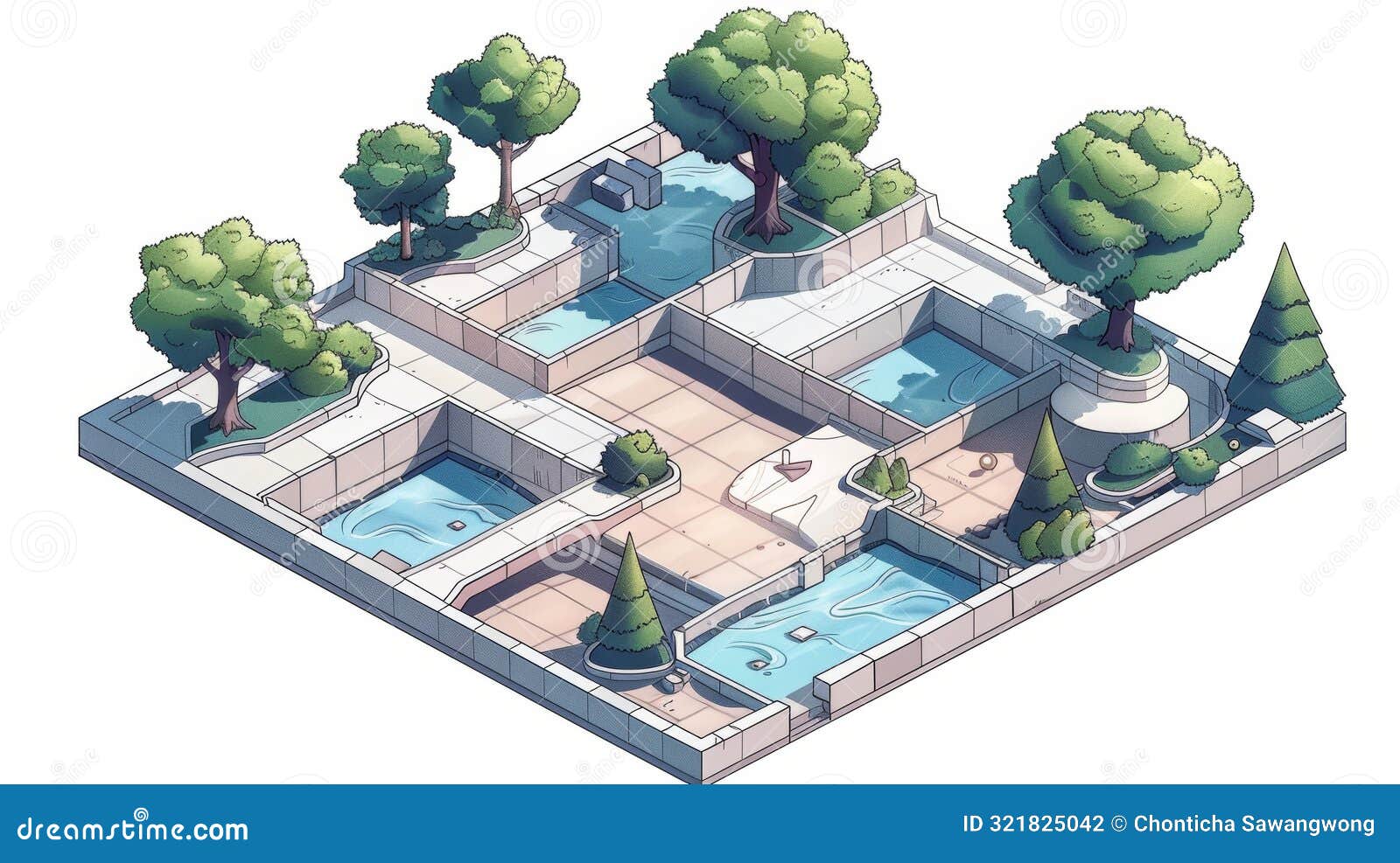A Serene Isometric View Of A Garden With Multiple Ponds, Flowing Water ...