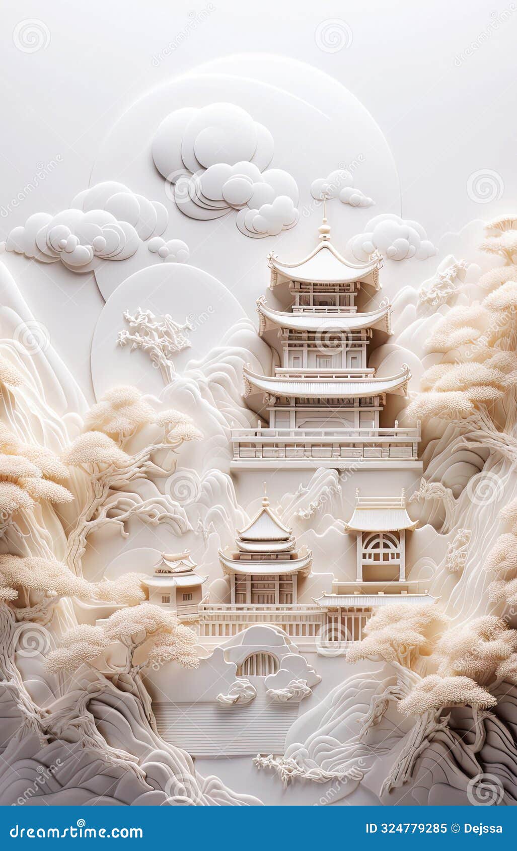 Serene Japanese Temple in White Paper Cut Style Stock Illustration ...