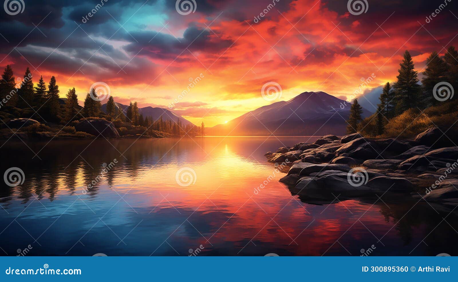 Lakeside Sunset with Mountains in the Distance. Stock Illustration ...