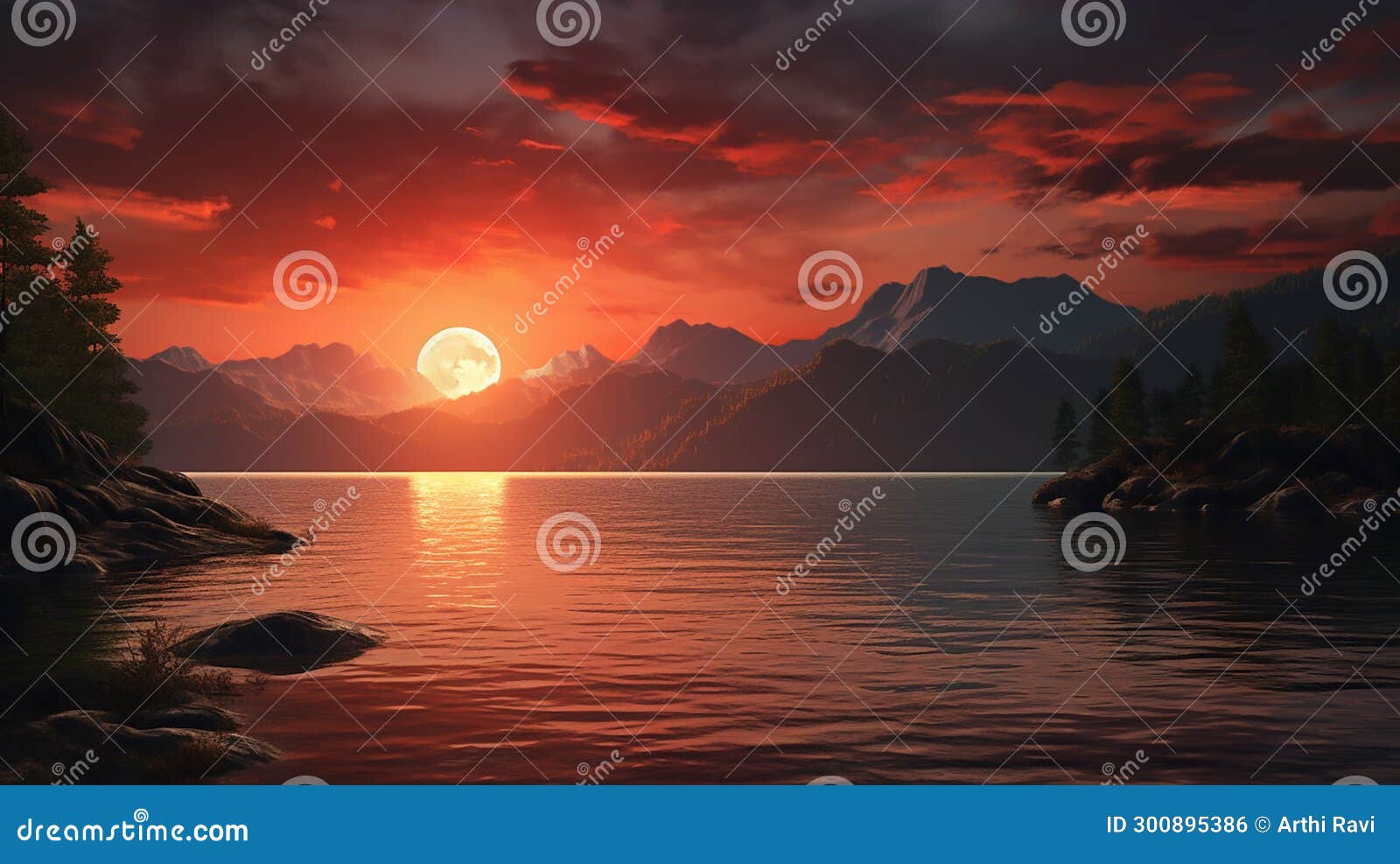 Lakeside Sunset with Mountains in the Distance. Stock Illustration ...