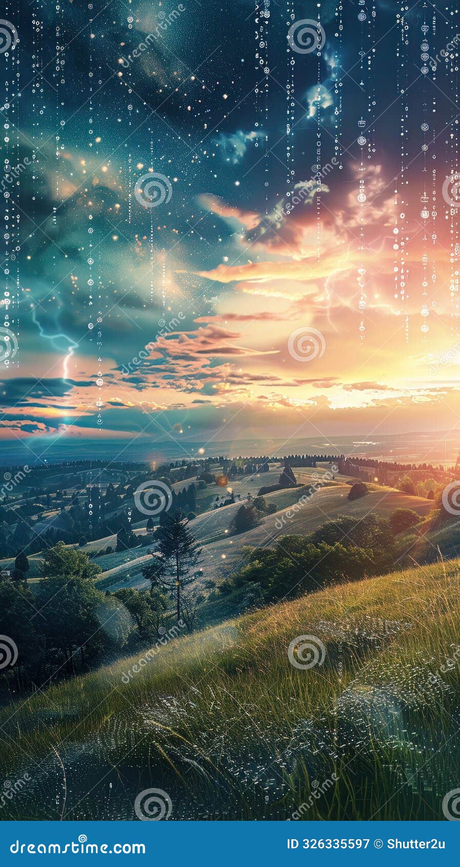 A Serene Landscape Blending with Digital Elements Symbolizing the Stability and Tranquility of ...