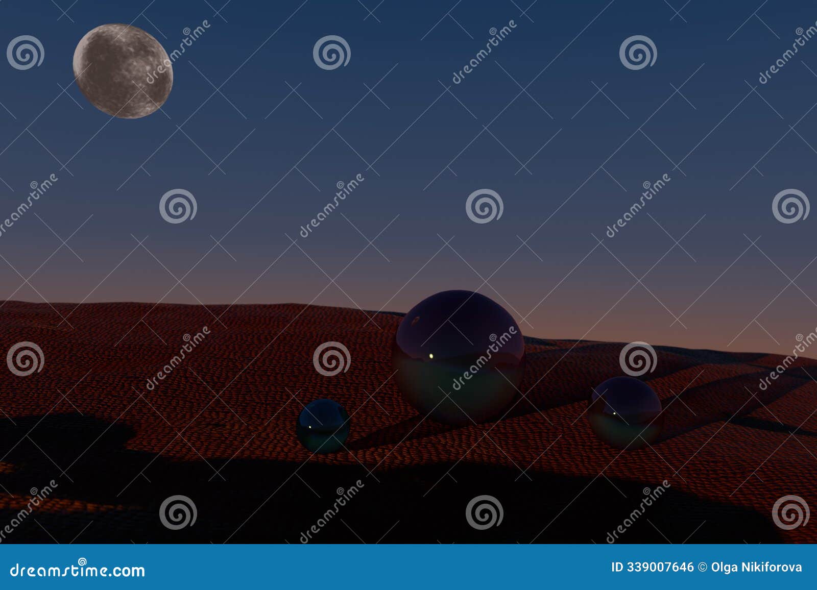 A Serene Landscape Featuring Three Reflective Spheres Under a Moonlit ...