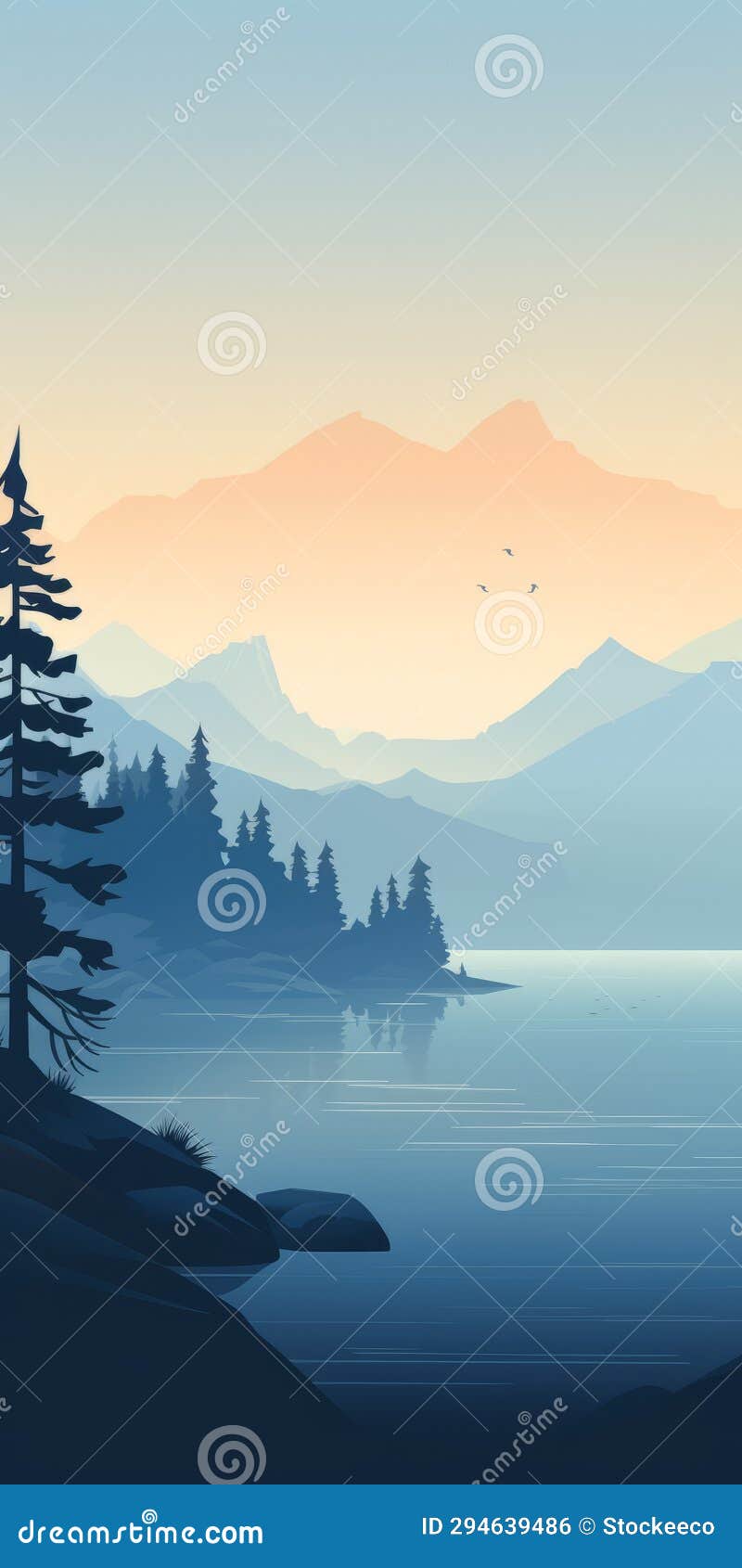Minimalistic Mountain Landscape Illustration with Lake and Trees Stock ...