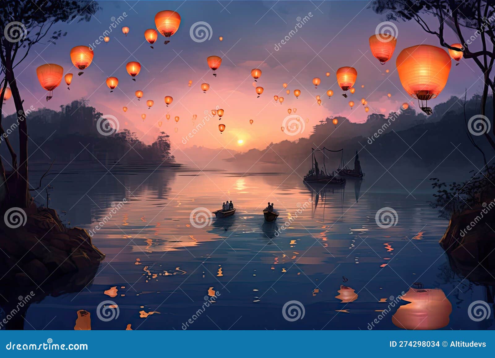 Serene Landscape with Floating Lanterns, a Subtle and Magical ...