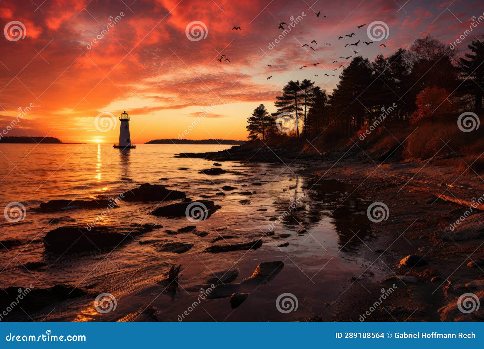 Serene Landscape: Sea Mirrors Heaven in Dawn with Iconic Lighthouse ...