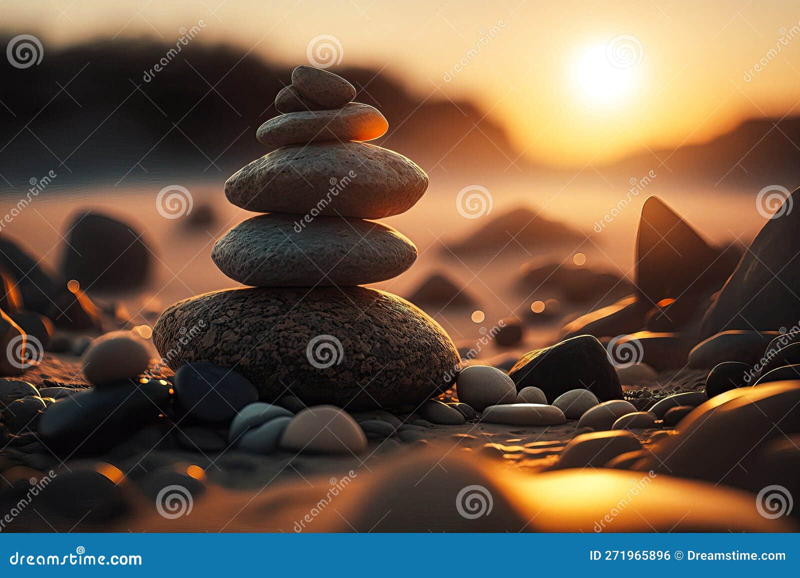 Serene Landscape with Stack of Stones on Remote Beach at Sunset Stock ...