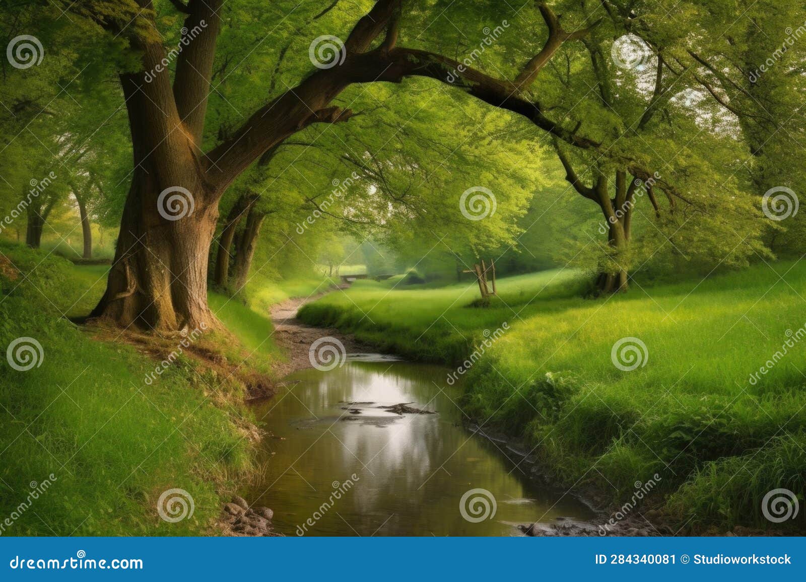 Serene Landscape with Tree-lined Path and Babbling Brook Stock ...