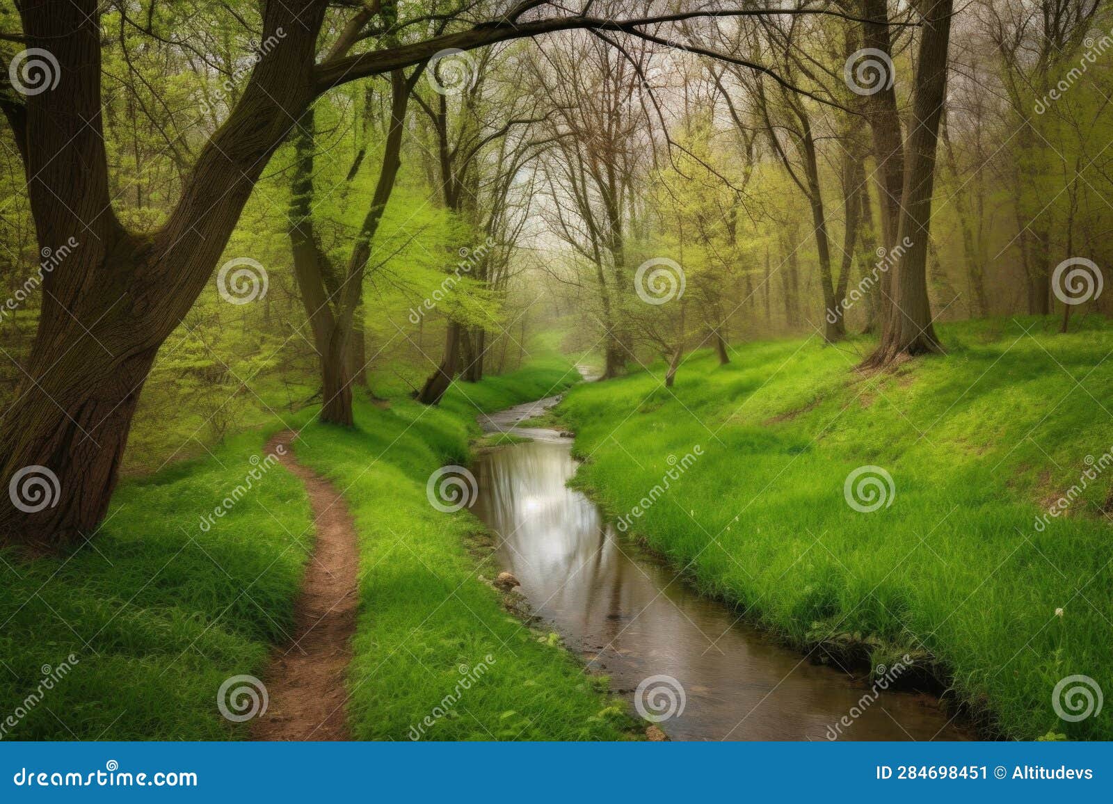 Serene Landscape with Tree-lined Path and Babbling Brook Stock Image ...