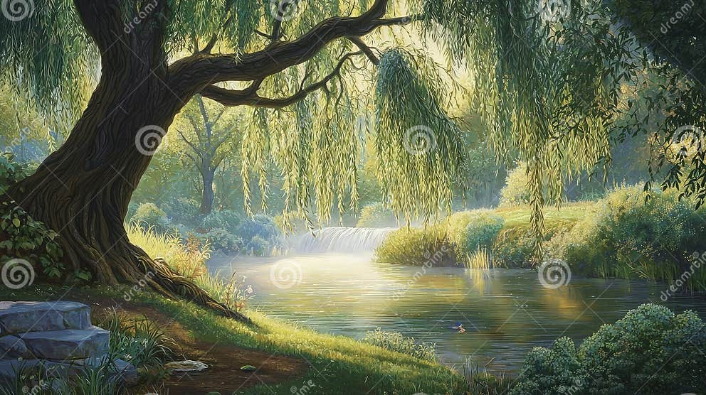 A Serene Landscape with a Weeping Willow Tree Framing a Tranquil River ...