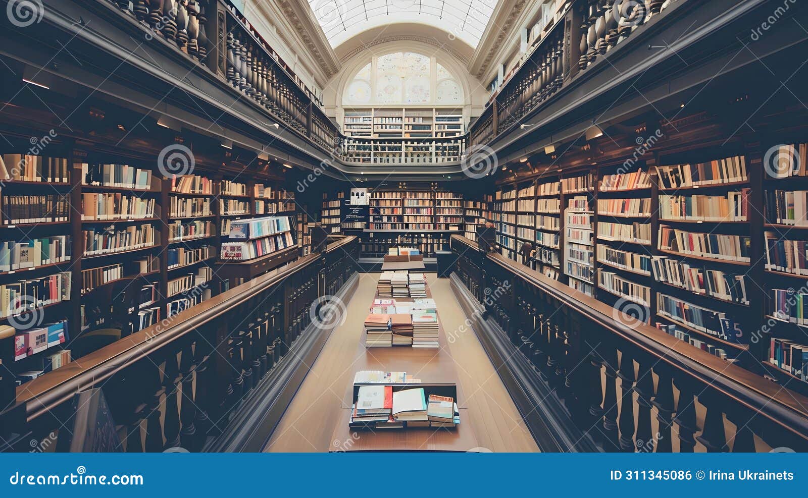 Serene Library Interior with Rows of Books and Reading Tables. Classic ...