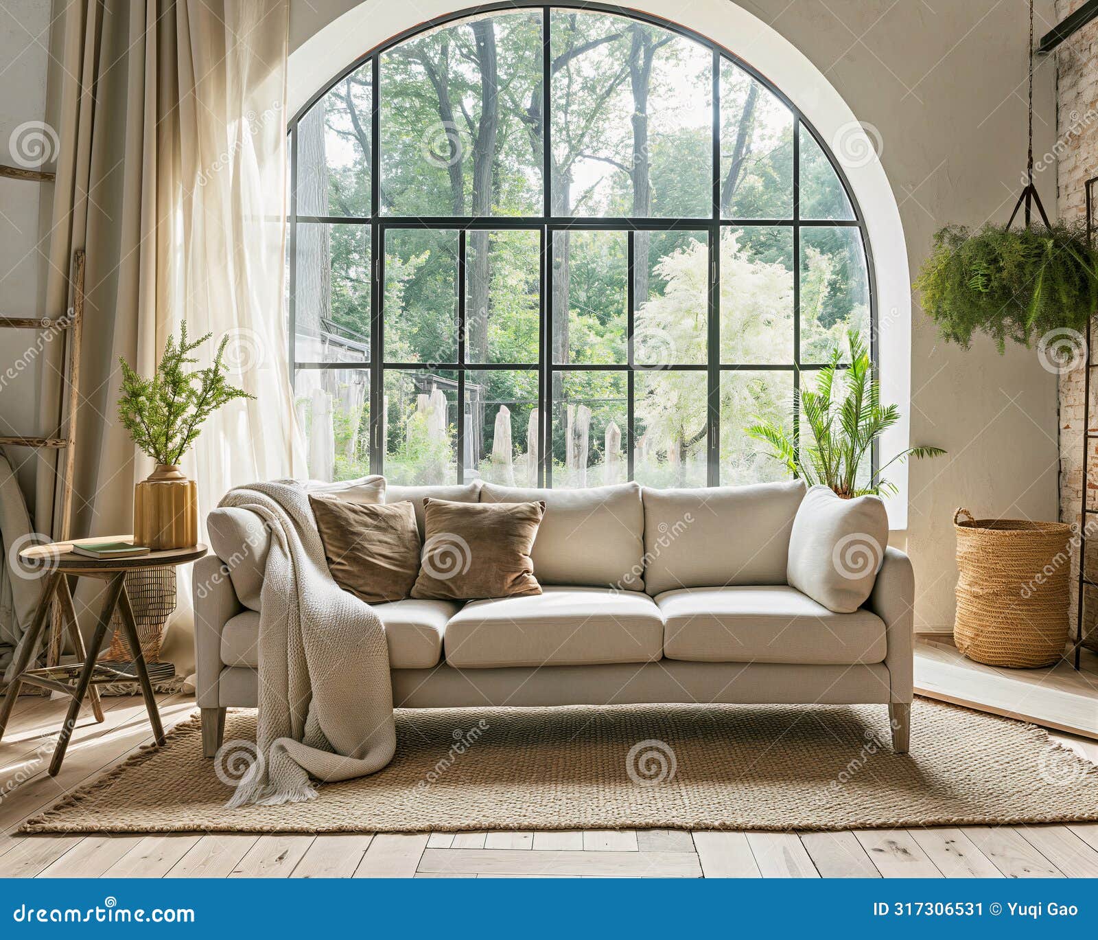 Serene Living Room with a Large Arched Window Stock Image - Image of ...