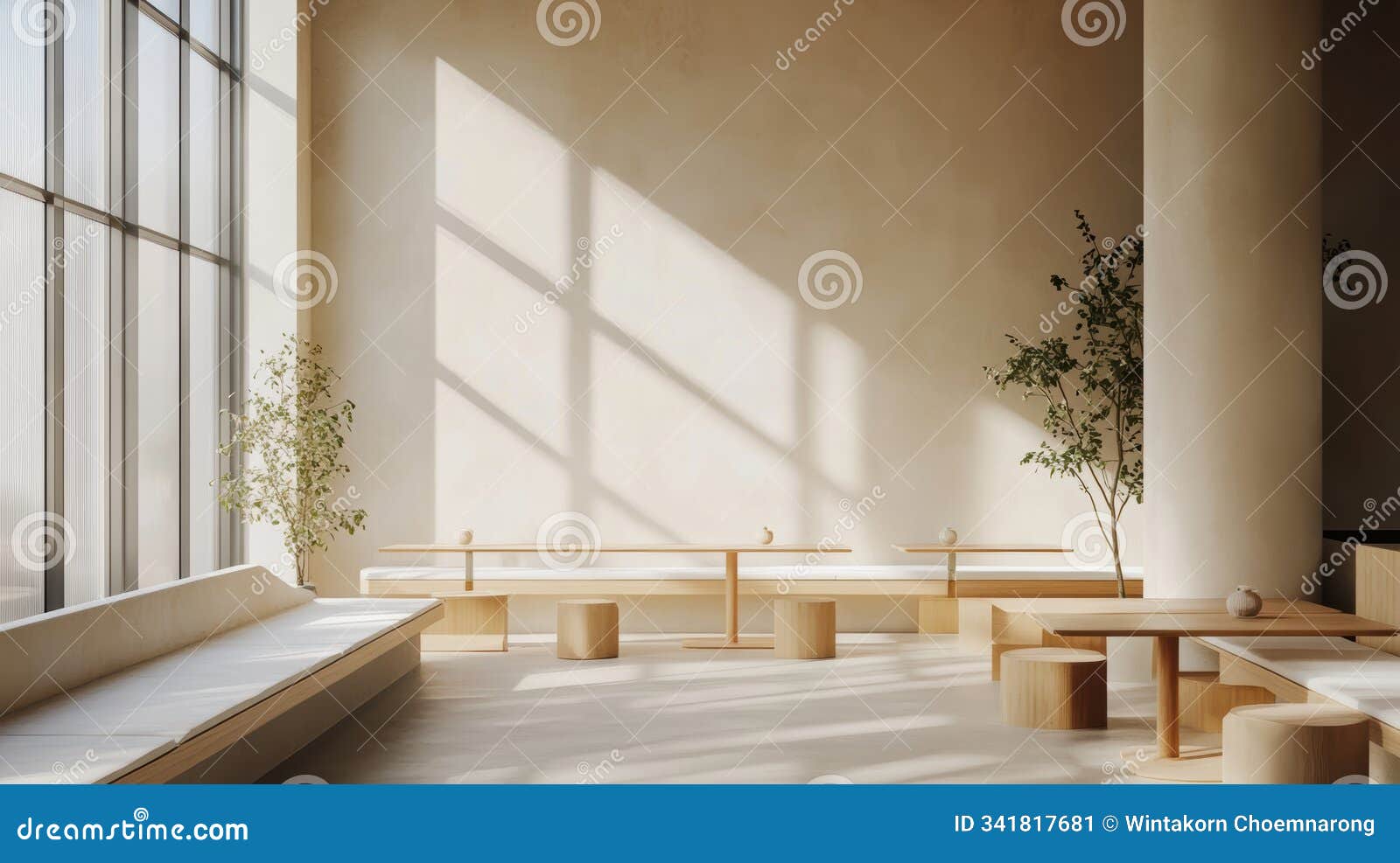 Serene Minimalist Coffee Shop with Large Windows and Natural Light ...