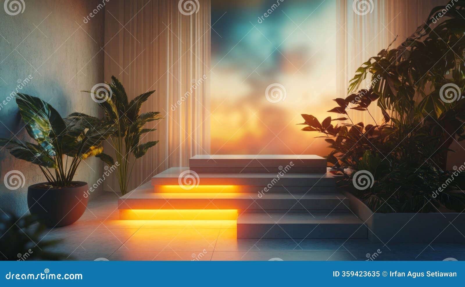 Serene Minimalist Interior with Sunset View and Glowing Steps Stock ...
