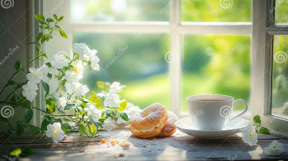 A Serene Morning Tea Break beside a Window Stock Illustration ...