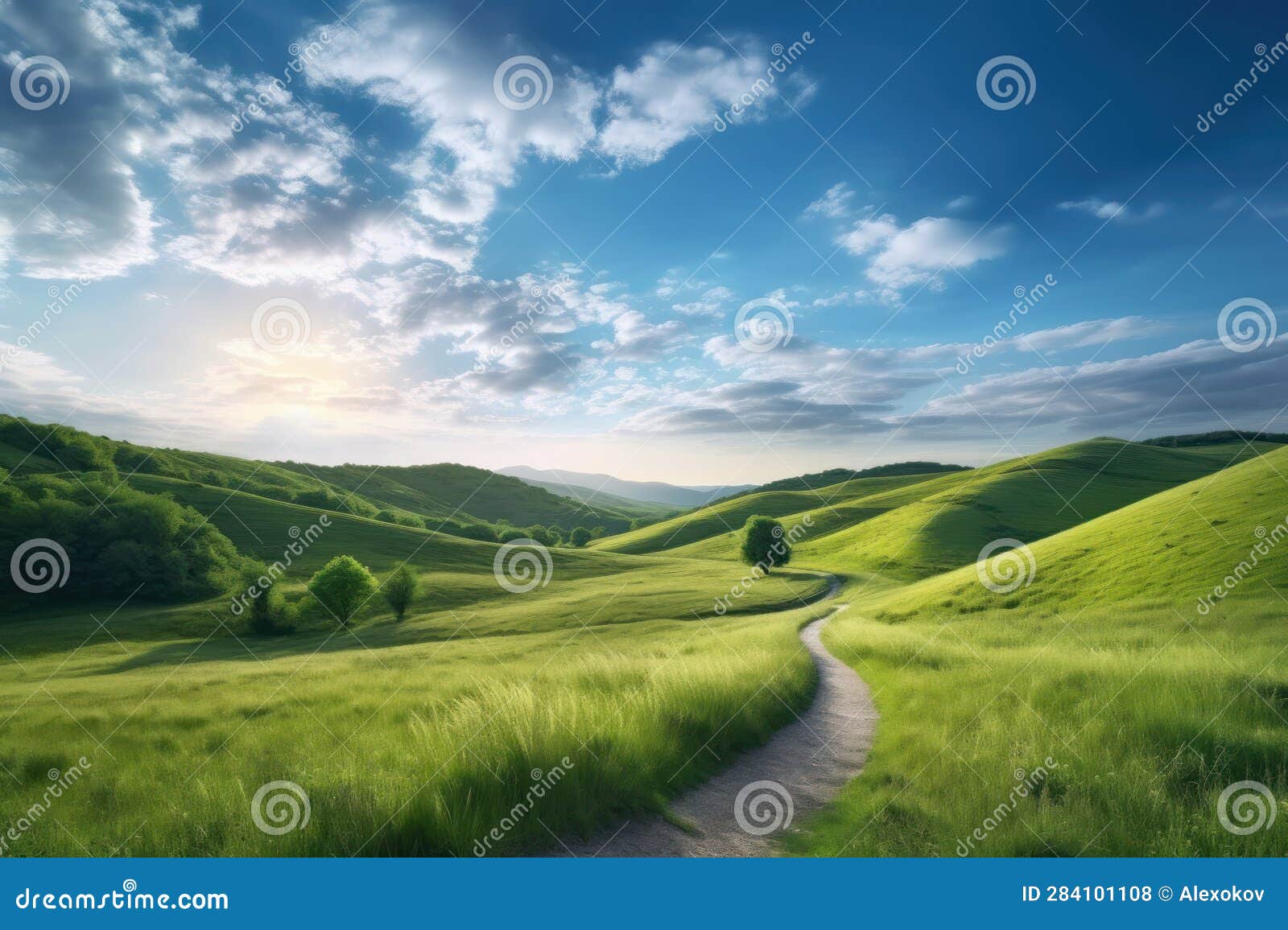 Serene Morning Walk on a Winding Path through a Green Hillside Stock ...