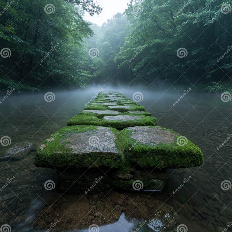 Serene Mossy Path through Misty Forest Stock Illustration ...