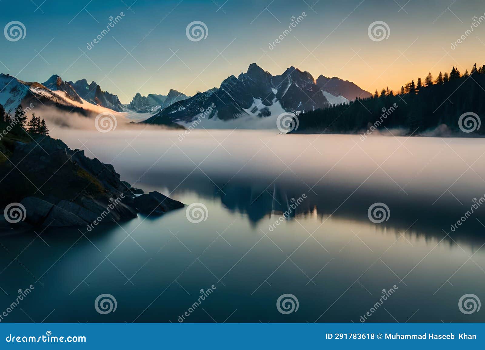 A Serene Mountain Lake at Dawn, with Mist Rising from the Water Stock ...