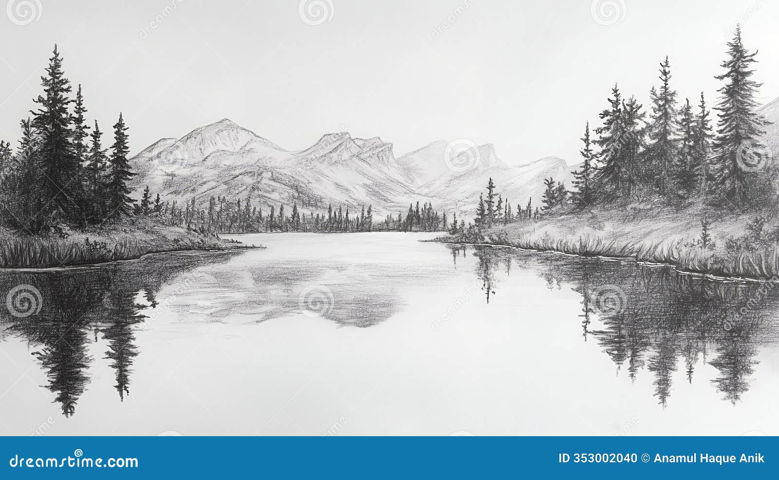 Serene Mountain Lake Reflection Pencil Sketch Art Stock Illustration ...