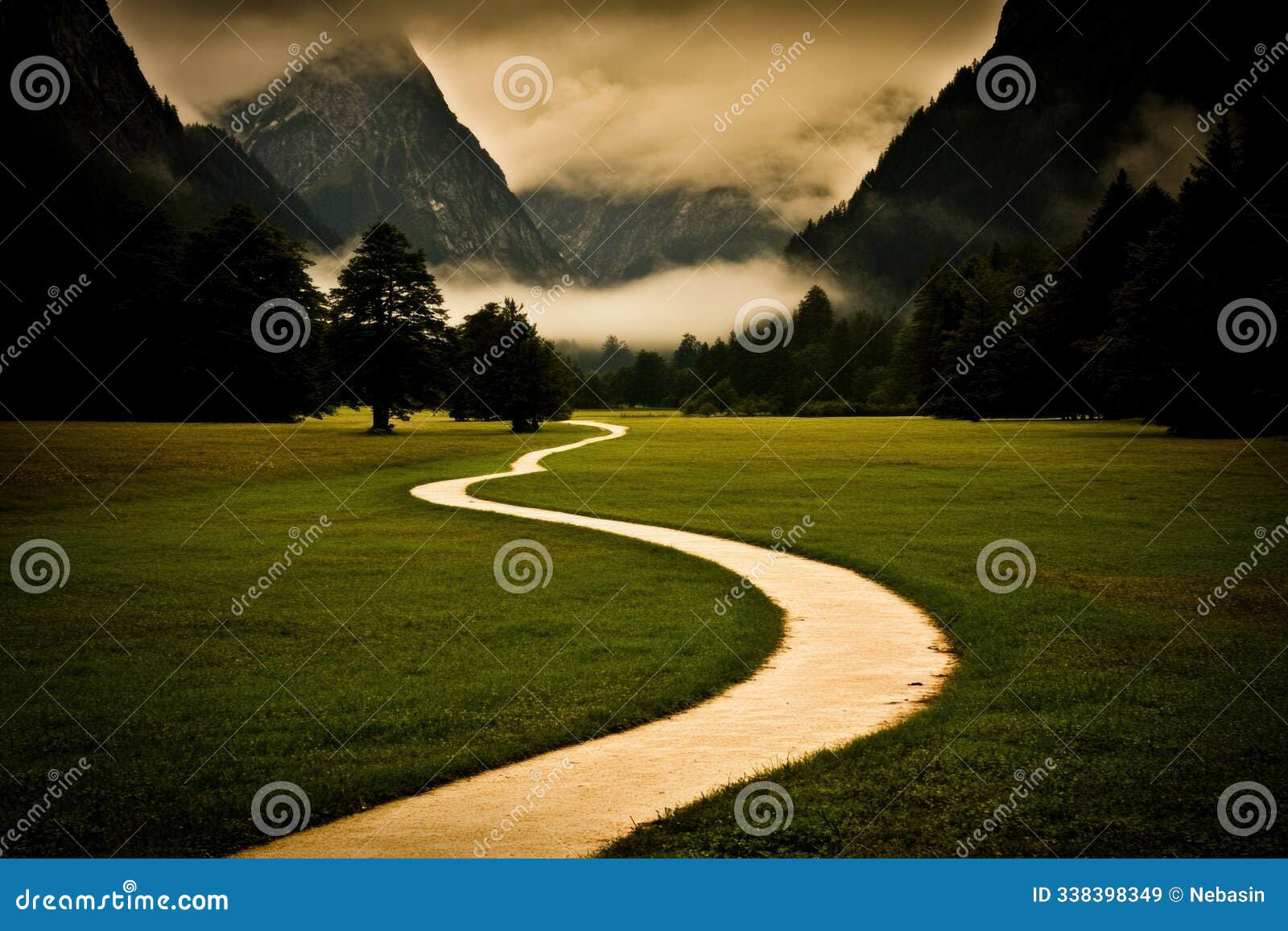 Serene Mountain Pathway Amidst Misty Valley with Lush Greenery and ...