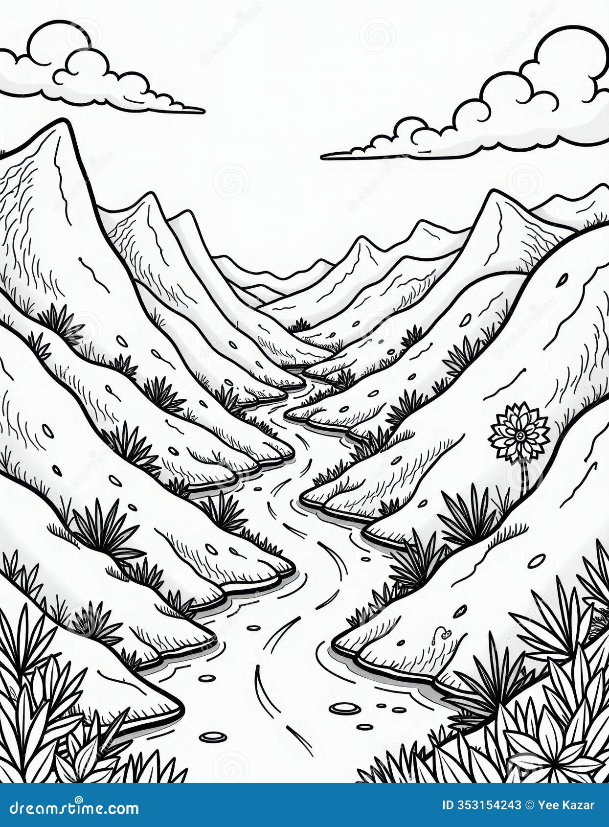 Serene Mountain River Valley Line Art, Line Art Illustration, Line Art ...