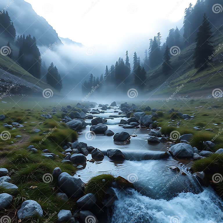 Serene Mountain Stream in Andes at Dawn Stock Illustration ...