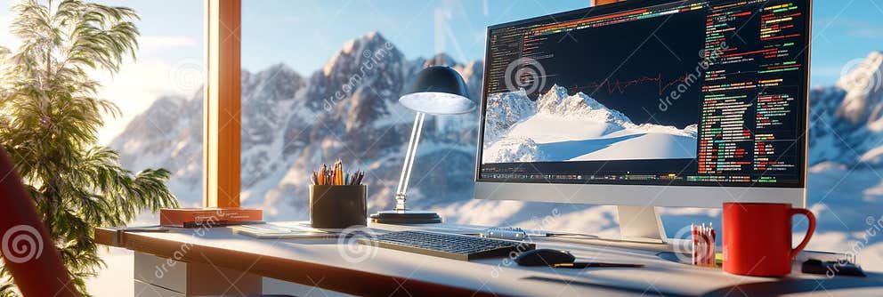 Mountain Peak Workspace Study Serene Mountain View Desk Setup Coding ...