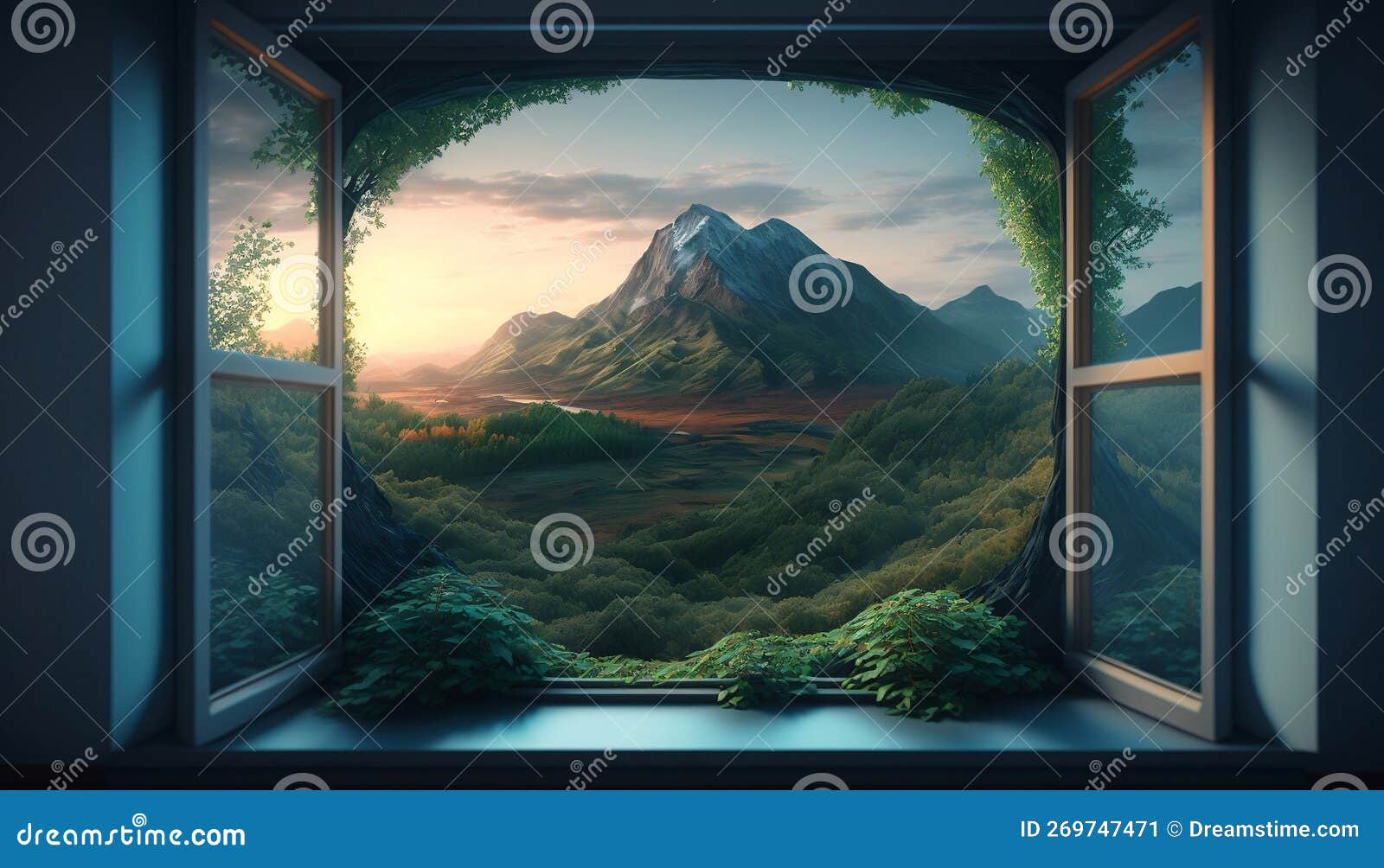 Serene Mountain View through Window, Nature Landscape Background ...