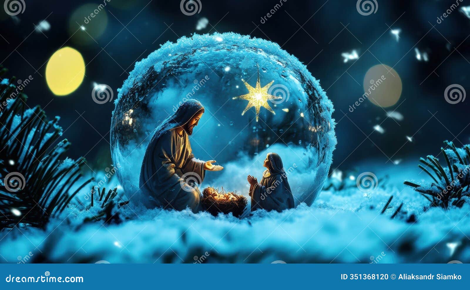 Serene Nativity Scene Inside a Snow-globe with Glowing Star Stock ...
