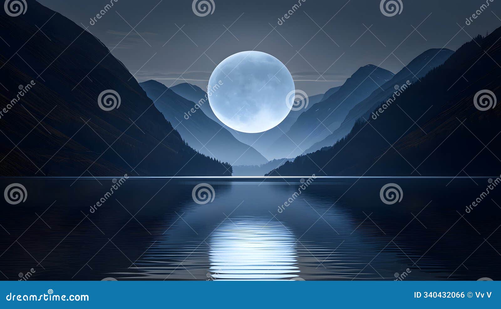 Serene Night Landscape with a Full Moon Reflection Stock Photo - Image ...