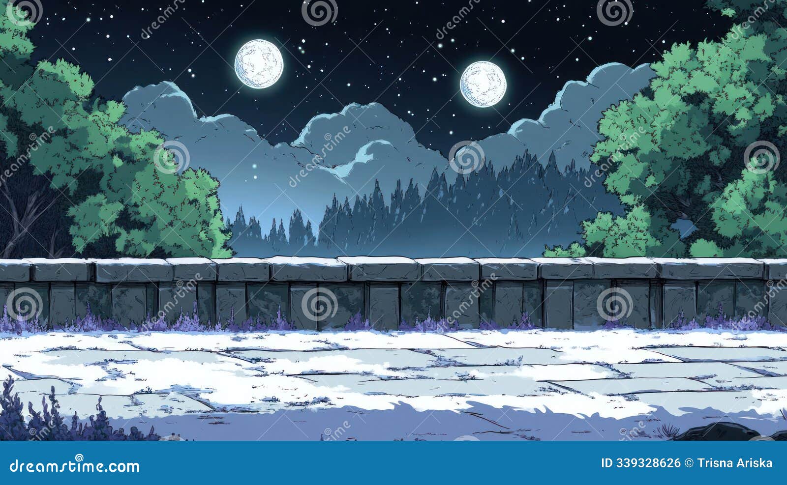 A Serene Night Landscape with Two Moons, Surrounded by Trees and a ...