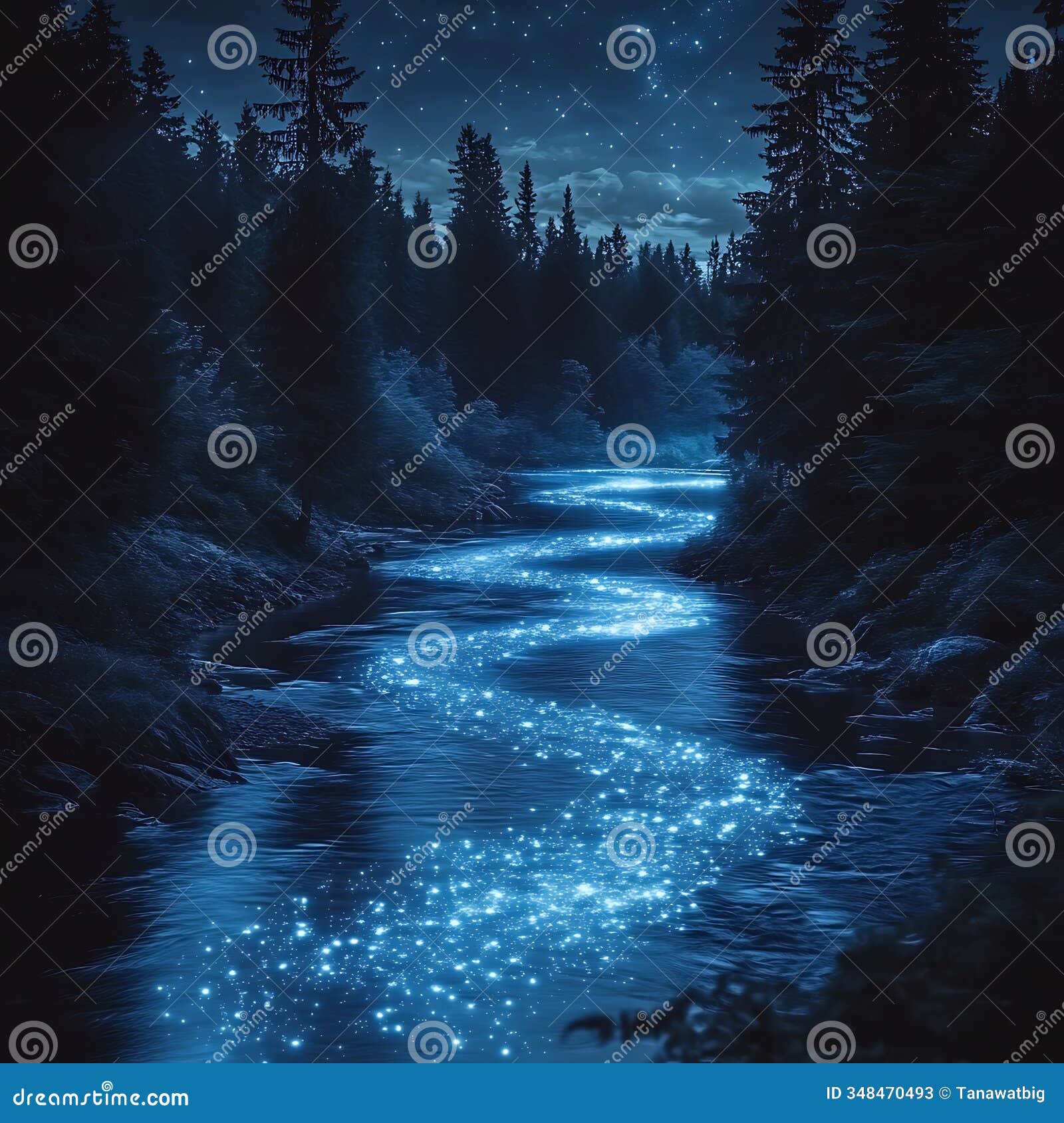 Serene Night River with Starry Reflection Stock Illustration ...