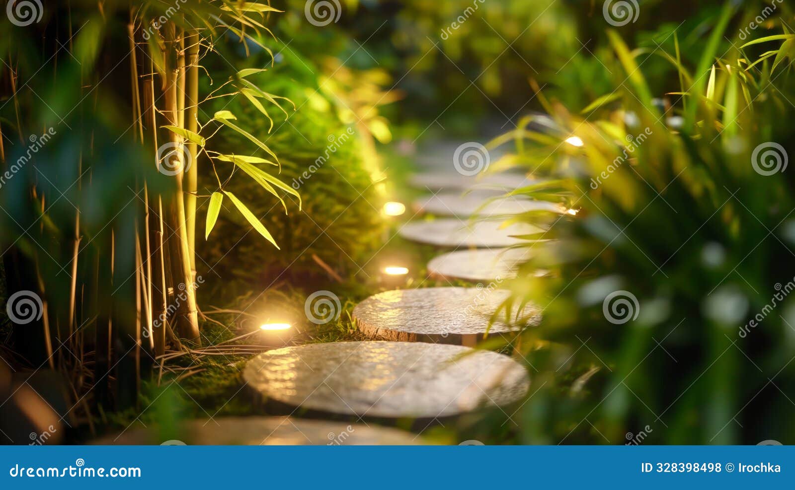 Serene Nighttime Garden Path Illuminated by Soft Warm Lights Stock ...