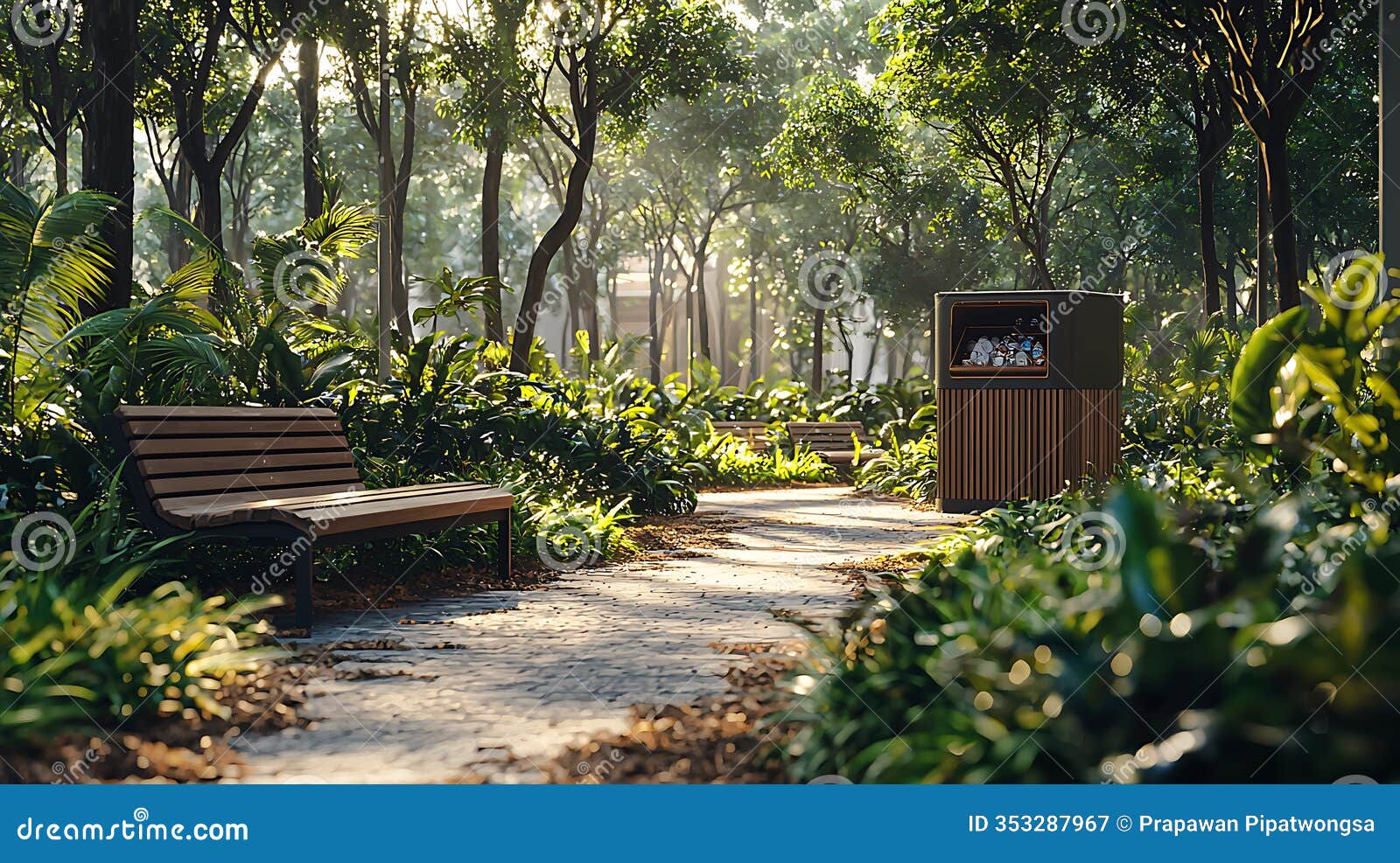 Serene Park Scene Featuring Pathway Surrounded by Lush Greenery, Benches, and Waste Disposal ...