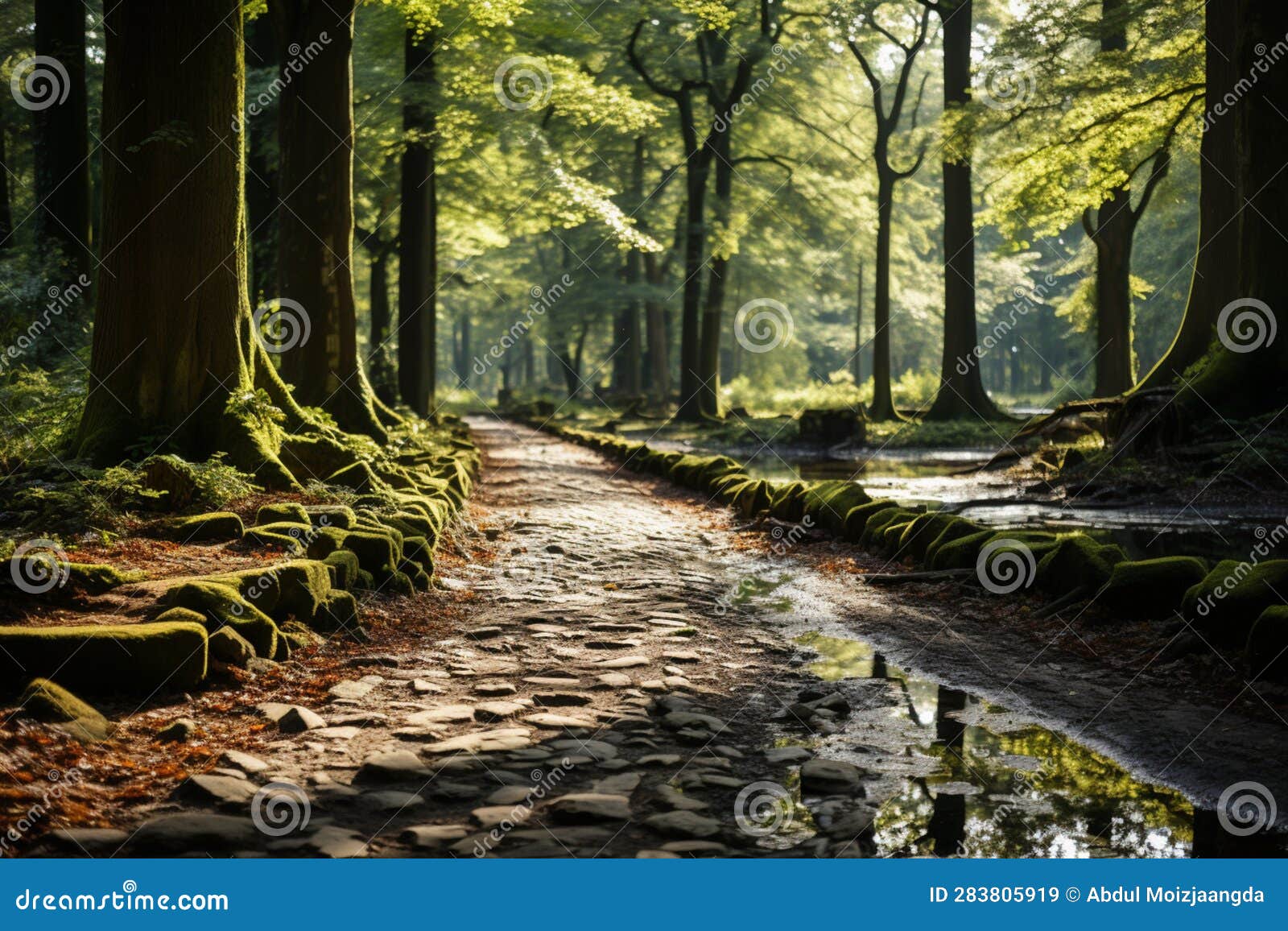 Serene Pathway Meanders through a Corridor of Towering Trees Stock ... Serene Pathway Meanders through a Corridor of Towering Trees Stock ...