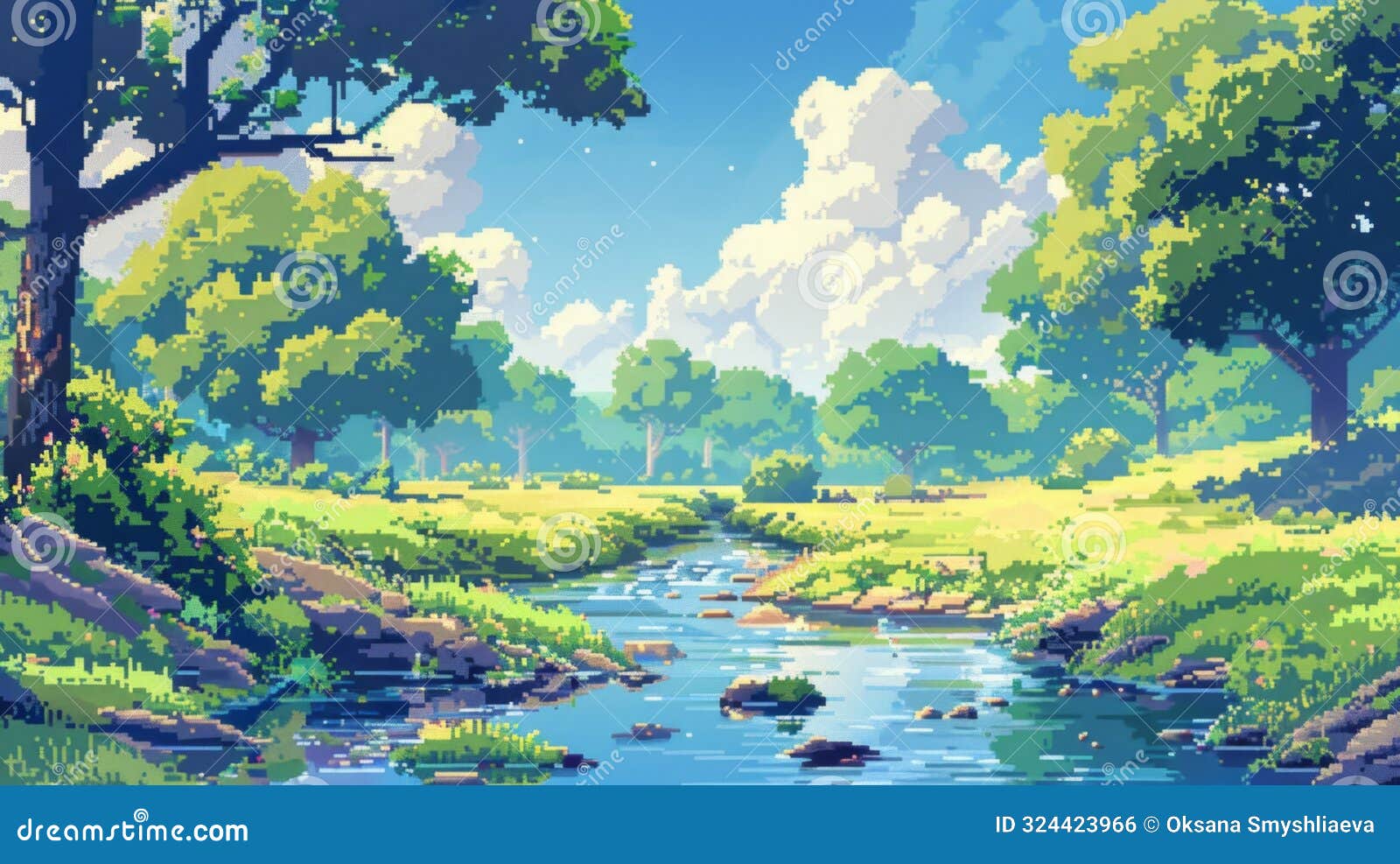 Serene Pixel Art Landscape with River and Lush Greenery Stock Photo ...
