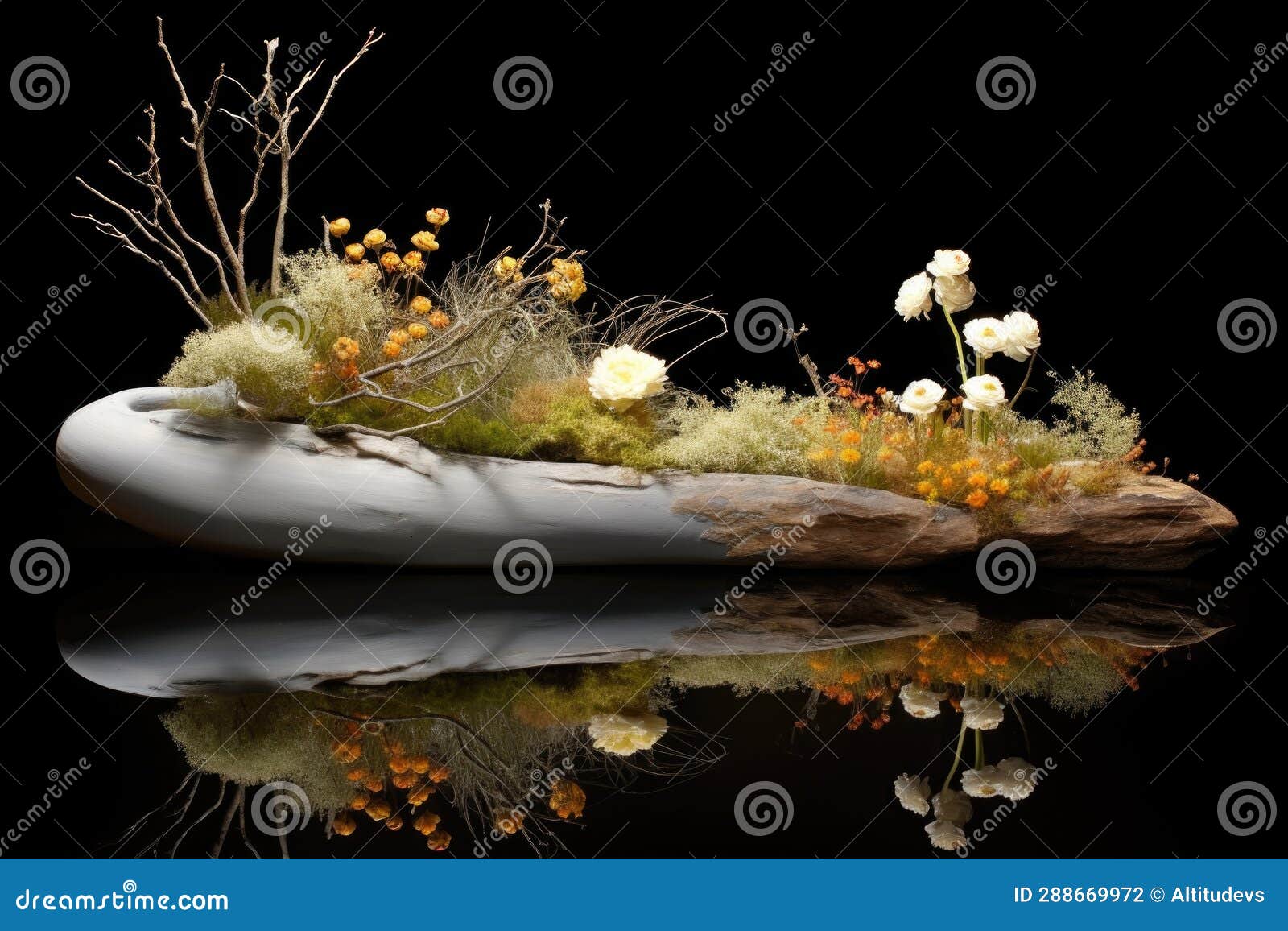 Serene Pond Reflection of a Beautiful Ikebana Display Stock Photo ...