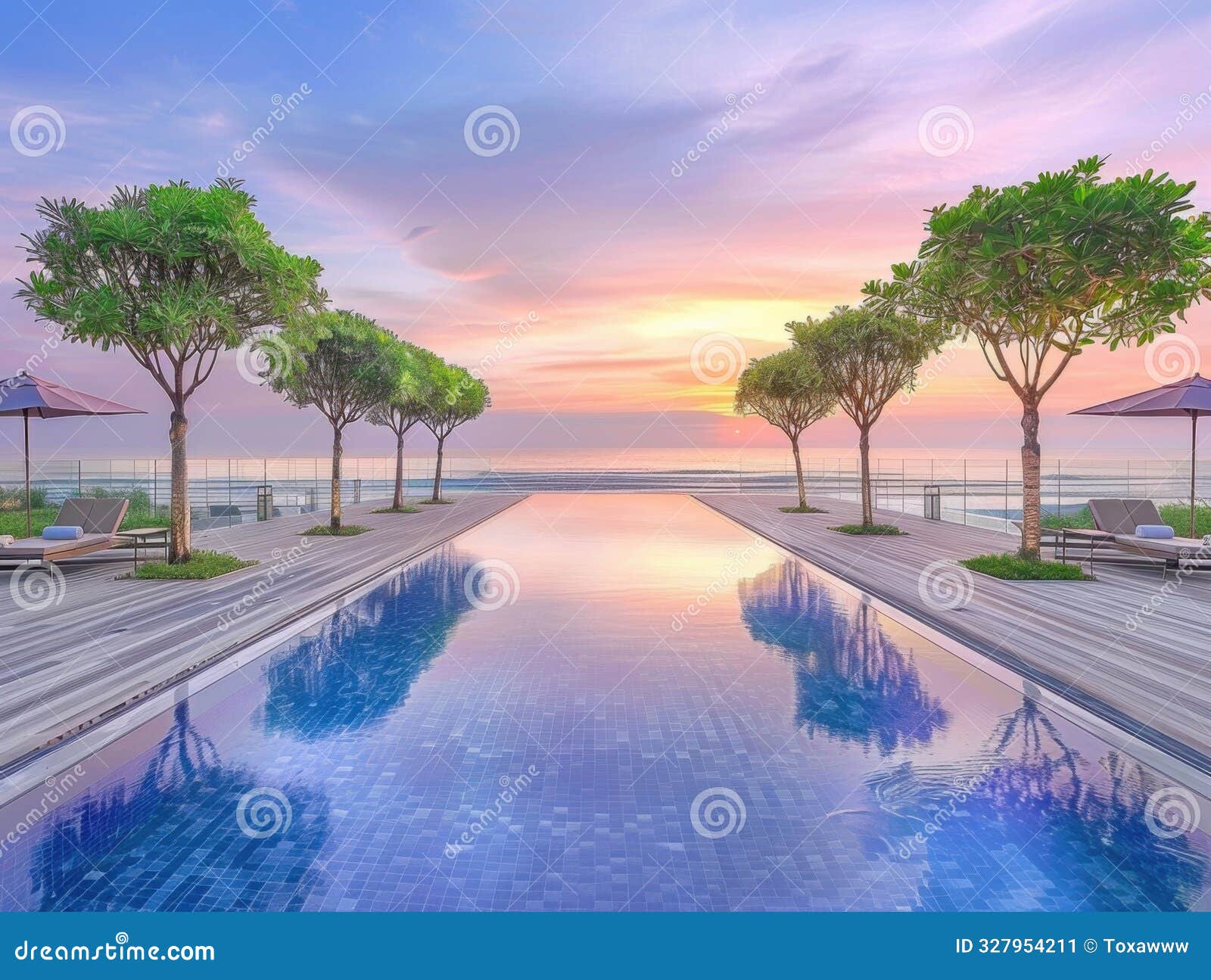 Serene Poolside at Sunset with Ocean View and Trees Stock Image - Image ...