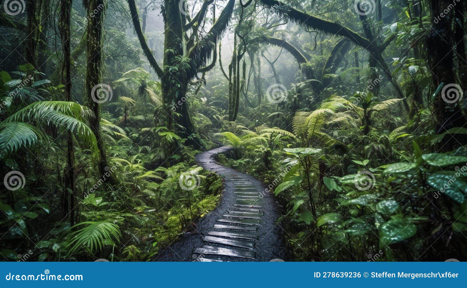 Serene Rainforest Path on a Cloudy Afternoon Stock Illustration ...