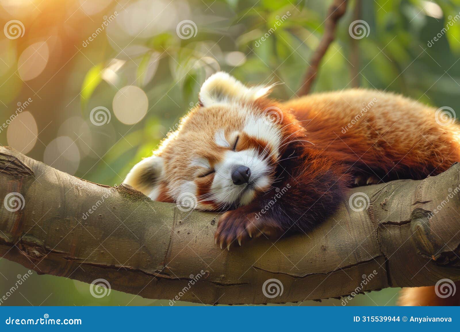 A Serene Red Panda Asleep on a Tree Branch in Soft Sunlight Stock Photo ...