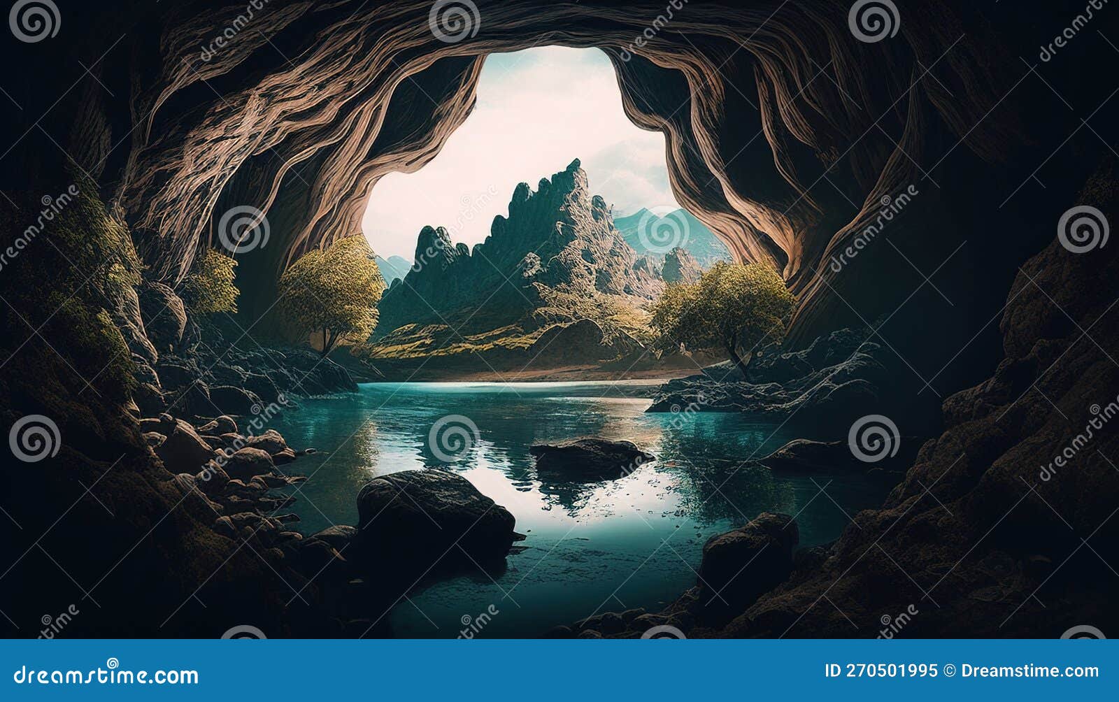 Serene River Cascades from a Cave Creating a Captivating View Stock ...