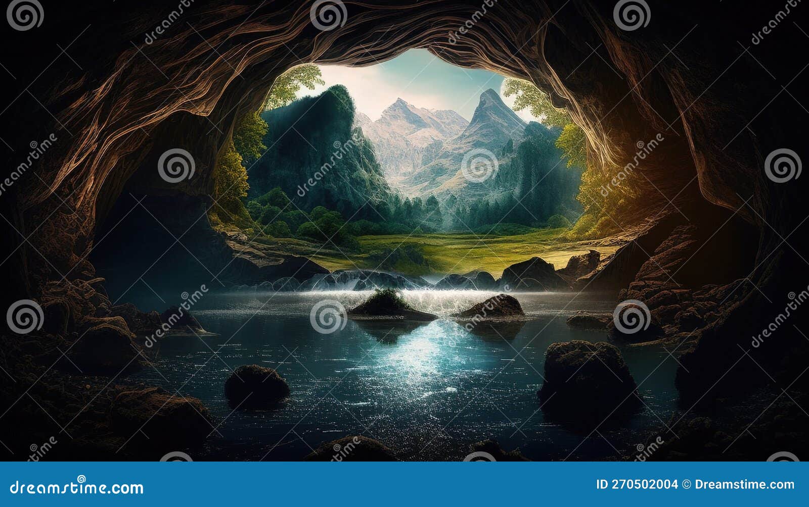 Serene River Cascades from a Cave Creating a Captivating View Stock ...