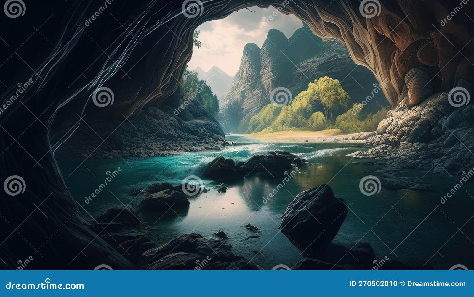 Serene River Cascades from a Cave Creating a Captivating View Stock ...