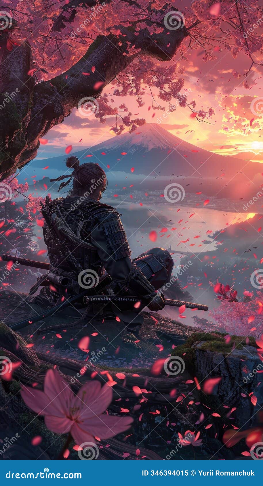 Serene Samurai Meditating Under Cherry Blossom Tree Amidst Falling ...