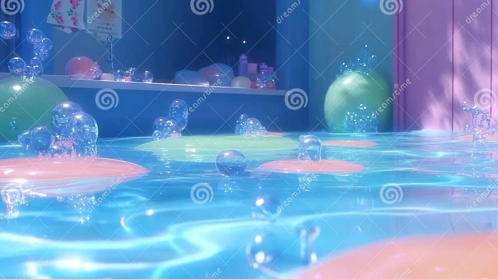 A Serene Scene with Colorful Floating Objects and Bubbles in a Tranquil ...