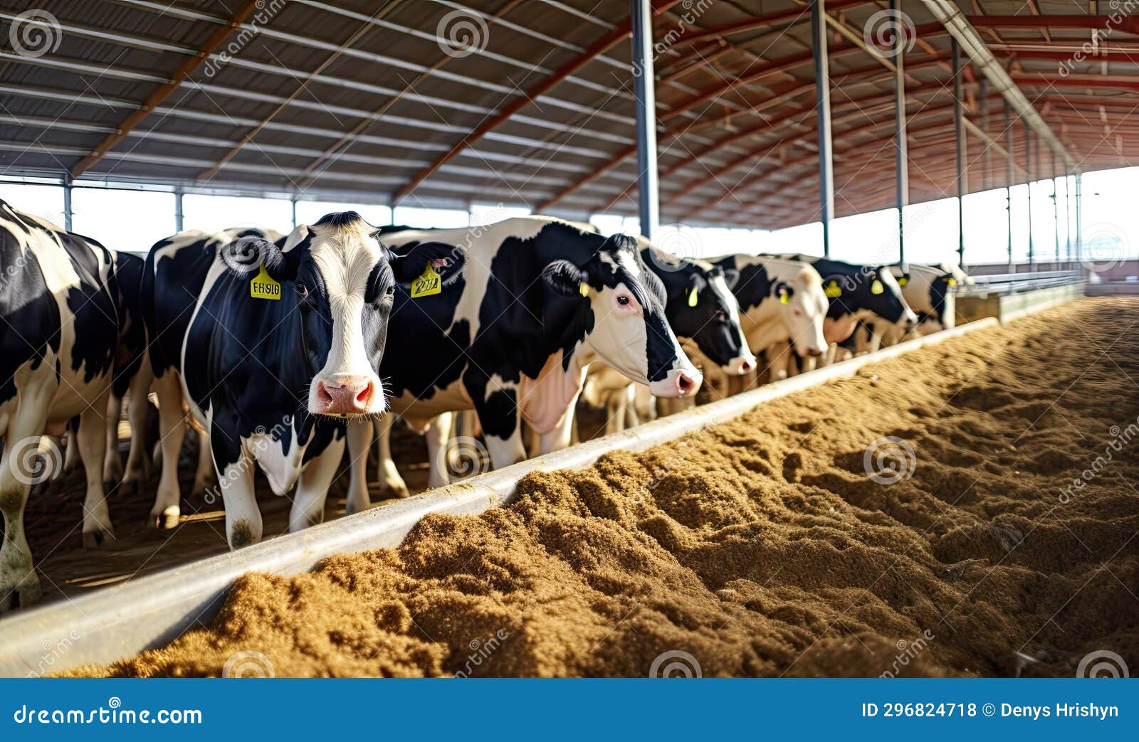 A Serene Scene: Cows Lined Up in a Rustic Barn Stock Illustration ...