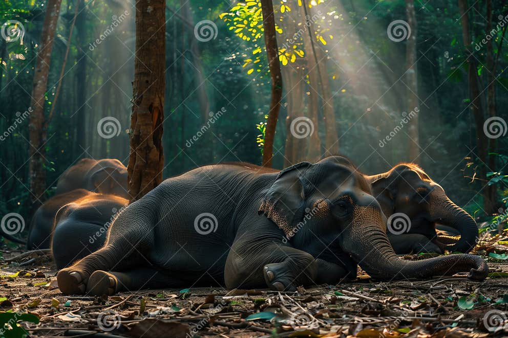 Serene Scene of Elephants Resting Peacefully in Lush Forest Stock Illustration - Illustration of ...