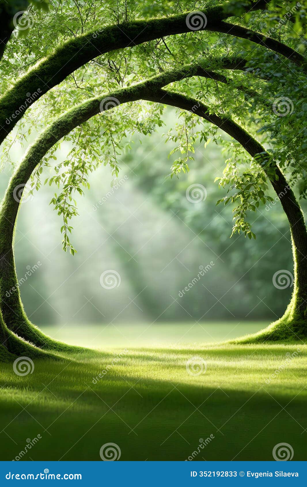 Serene Sunlit Arc of Lush Green Trees in Peaceful Forest Clearing Stock ...