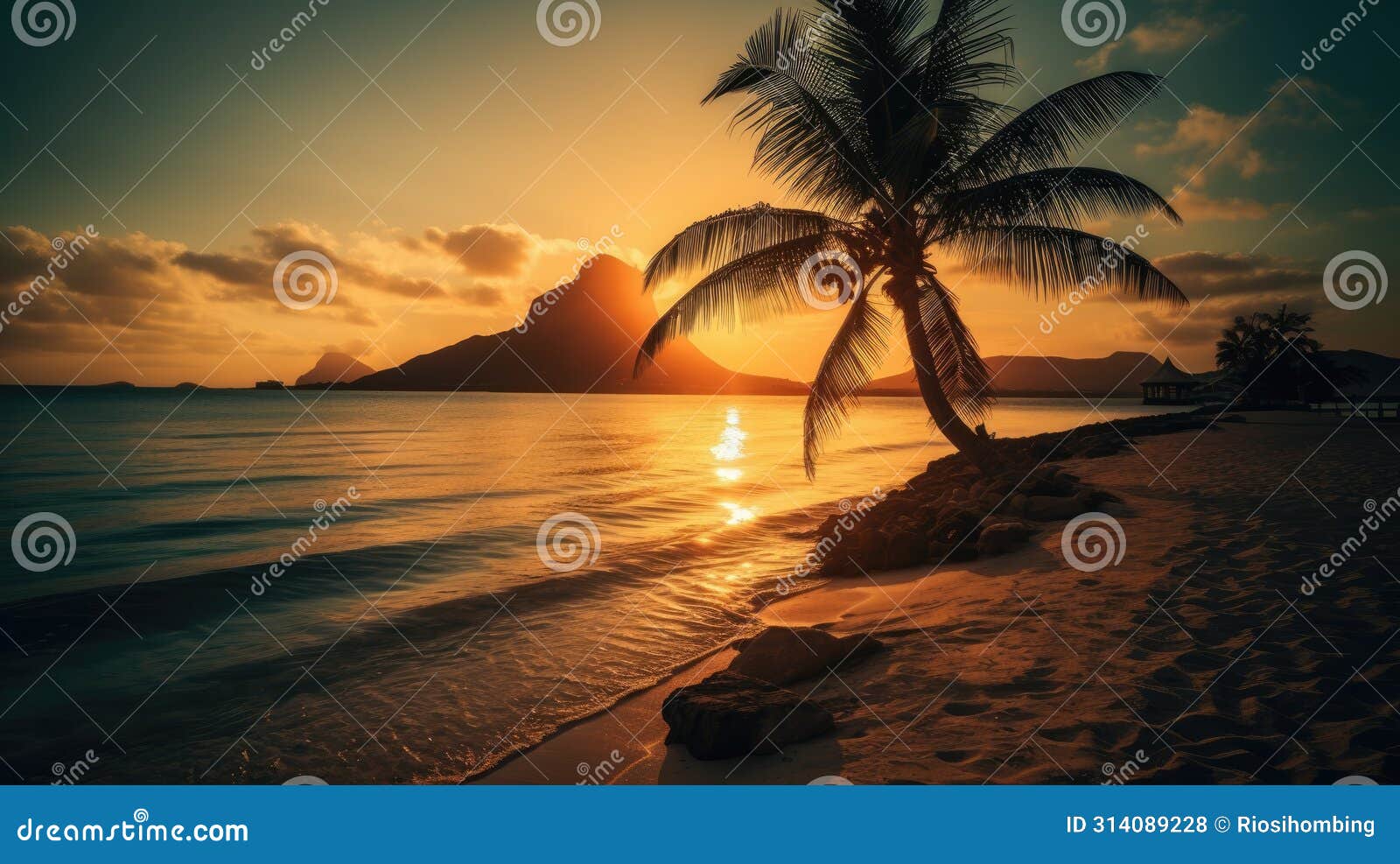 Serene Sunset Golden Hour at Tropical Beach Stock Illustration ...